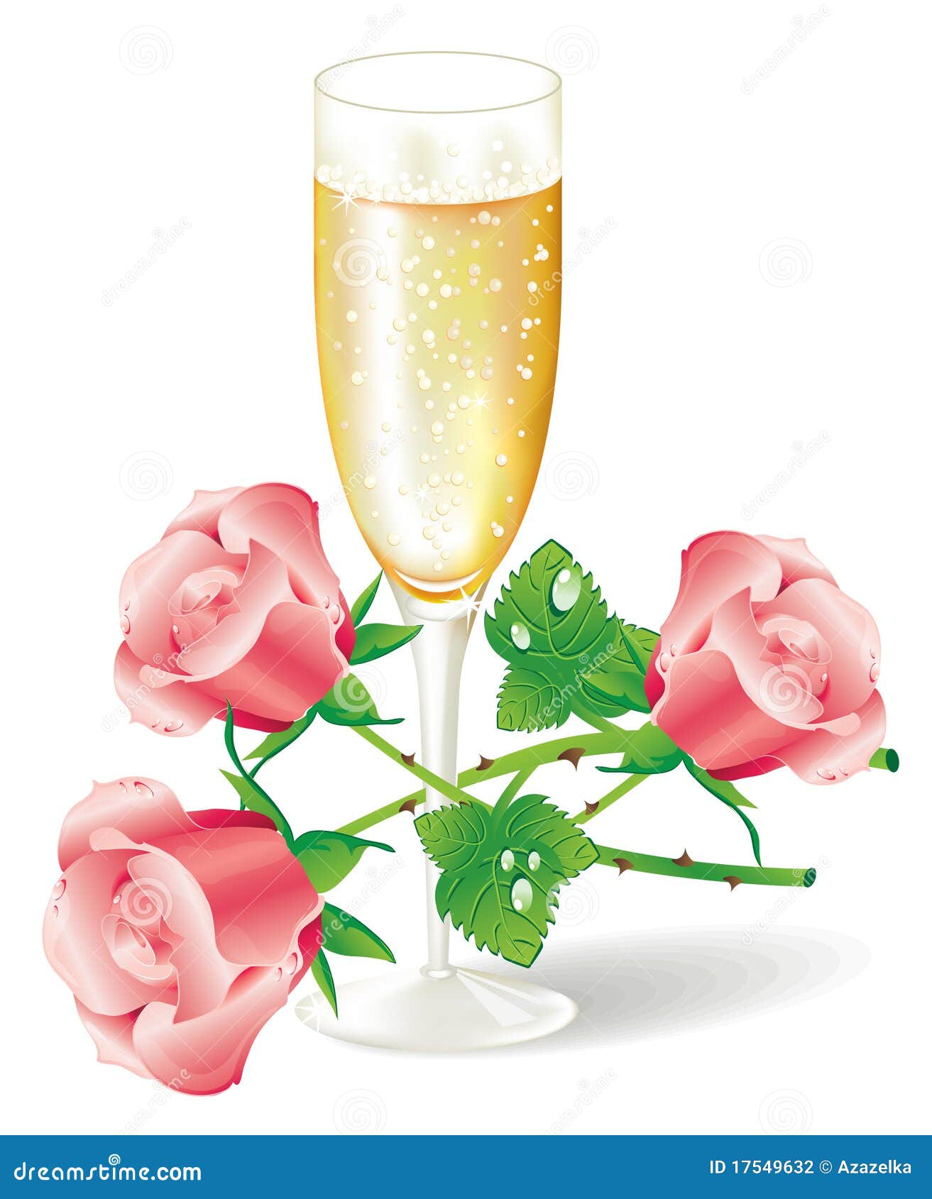 Glass of Champagne with Pink Roses Stock Vector - Illustration of ...