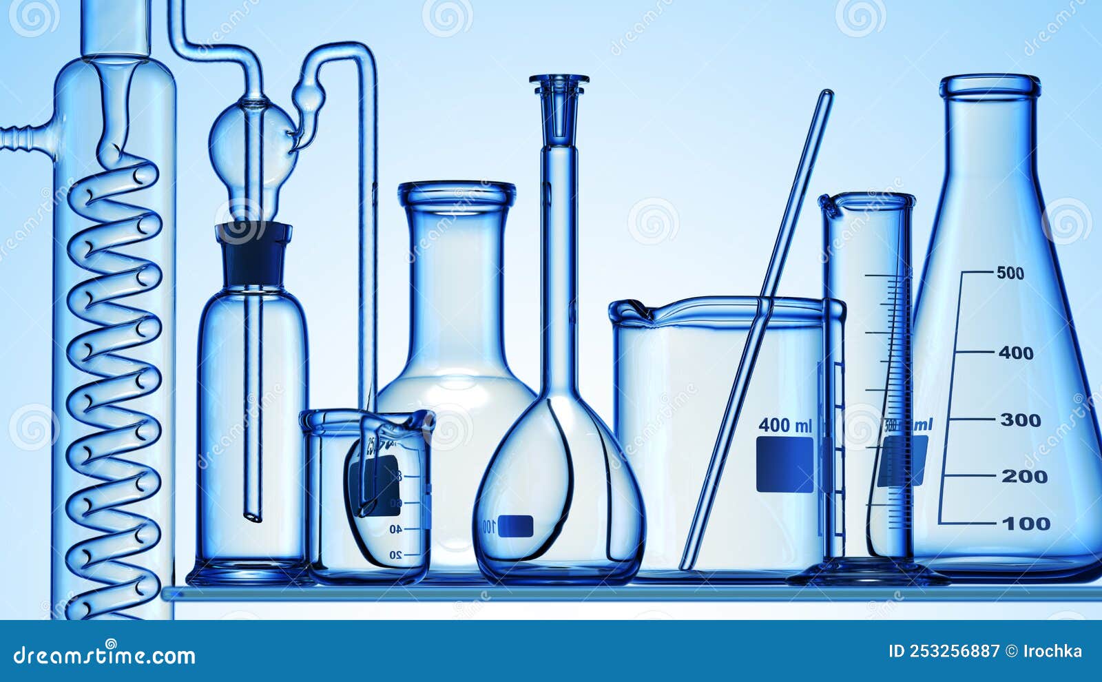 Glass Chemistry Lab Equipment on Blue Background. Chemistry Lab Concept ...