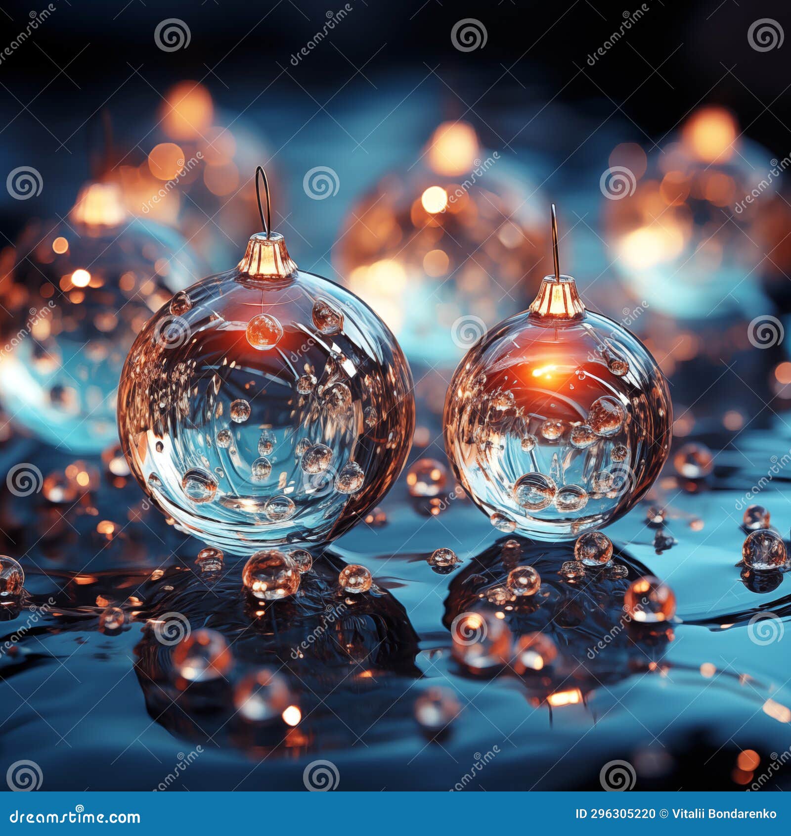 Glass Christmas Balls with Reflection on Water Surface. 3D Rendering ...