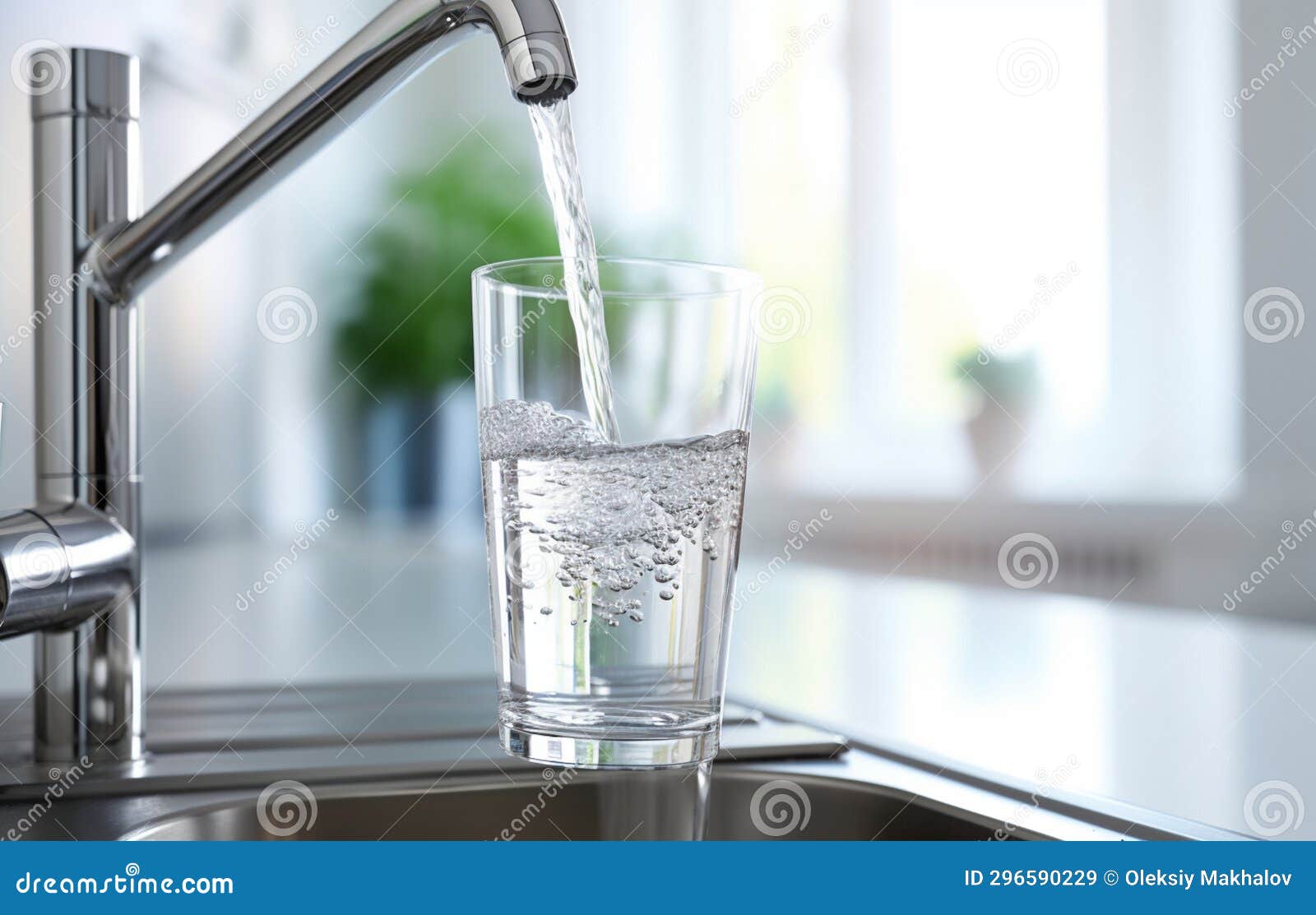 Glass with Clear Water and Tap on Kitchen Background Stock Image ...