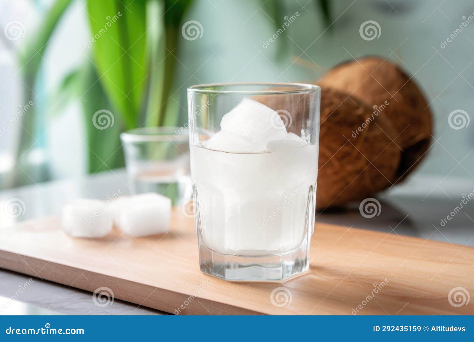 Glass of Coconut Water with Floating Ice Cubes on a Kitchen Counter ...