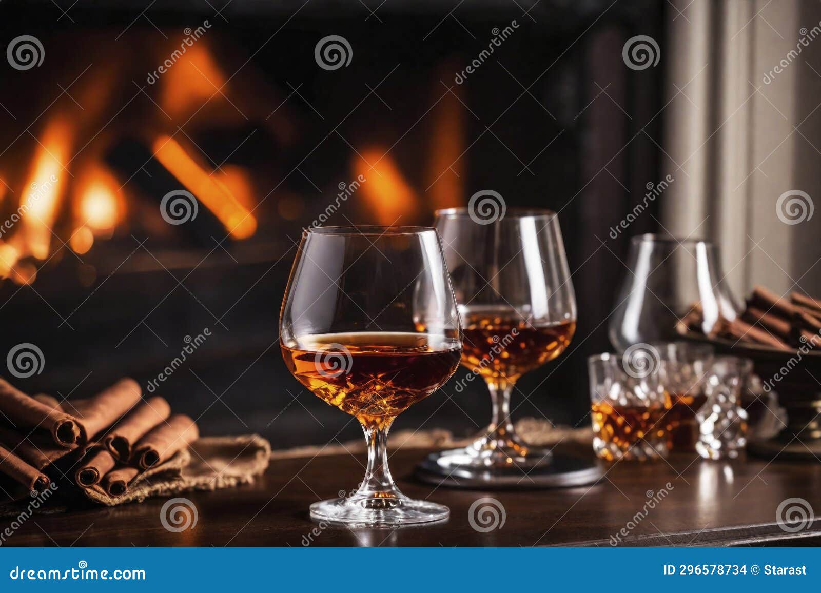 Glass of Cognac on the Background of a Burning Fireplace, AI Generated ...