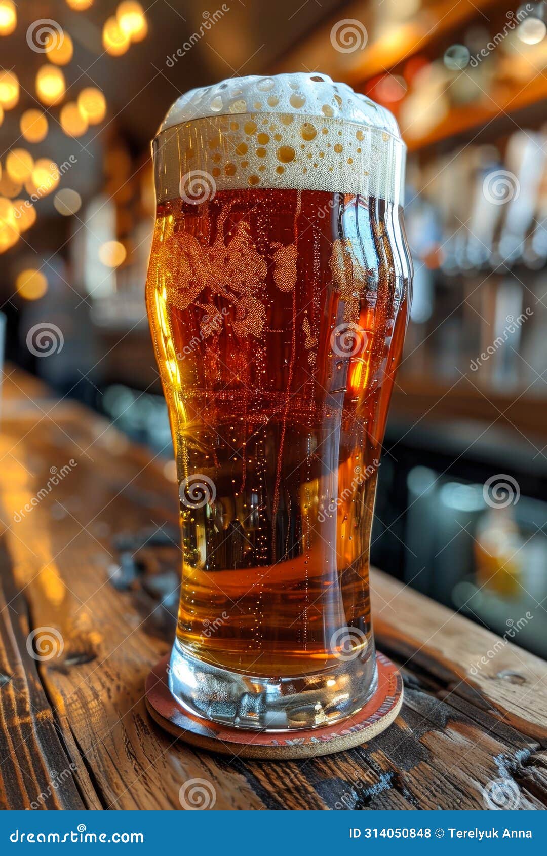 Glass of Cold Beer on Wooden Bar Counter in Pub Stock Photo - Image of ...