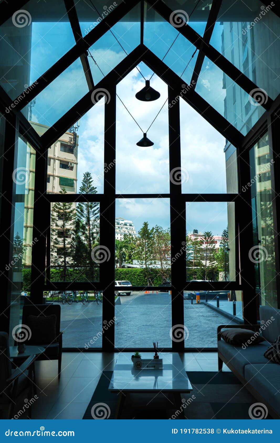 Glass Construction in the Shape of a House, a Stylish Lobby in a Modern ...