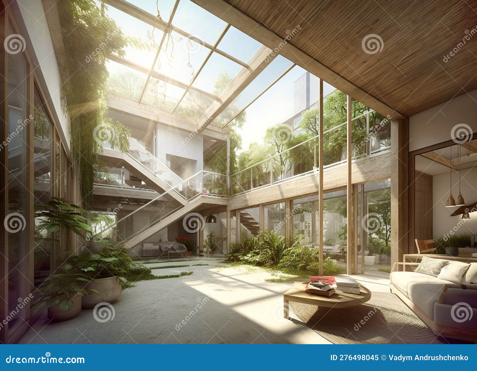 Glass Courtyard with Greenery in Modern House. Home Interior Design ...