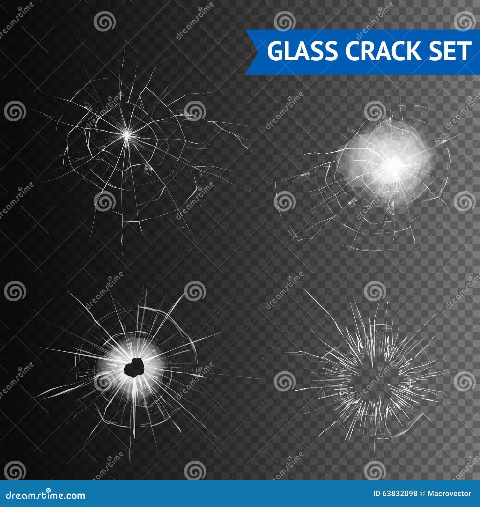 Set Of Glass Crack With Different Types Of Damage On Transparent ...