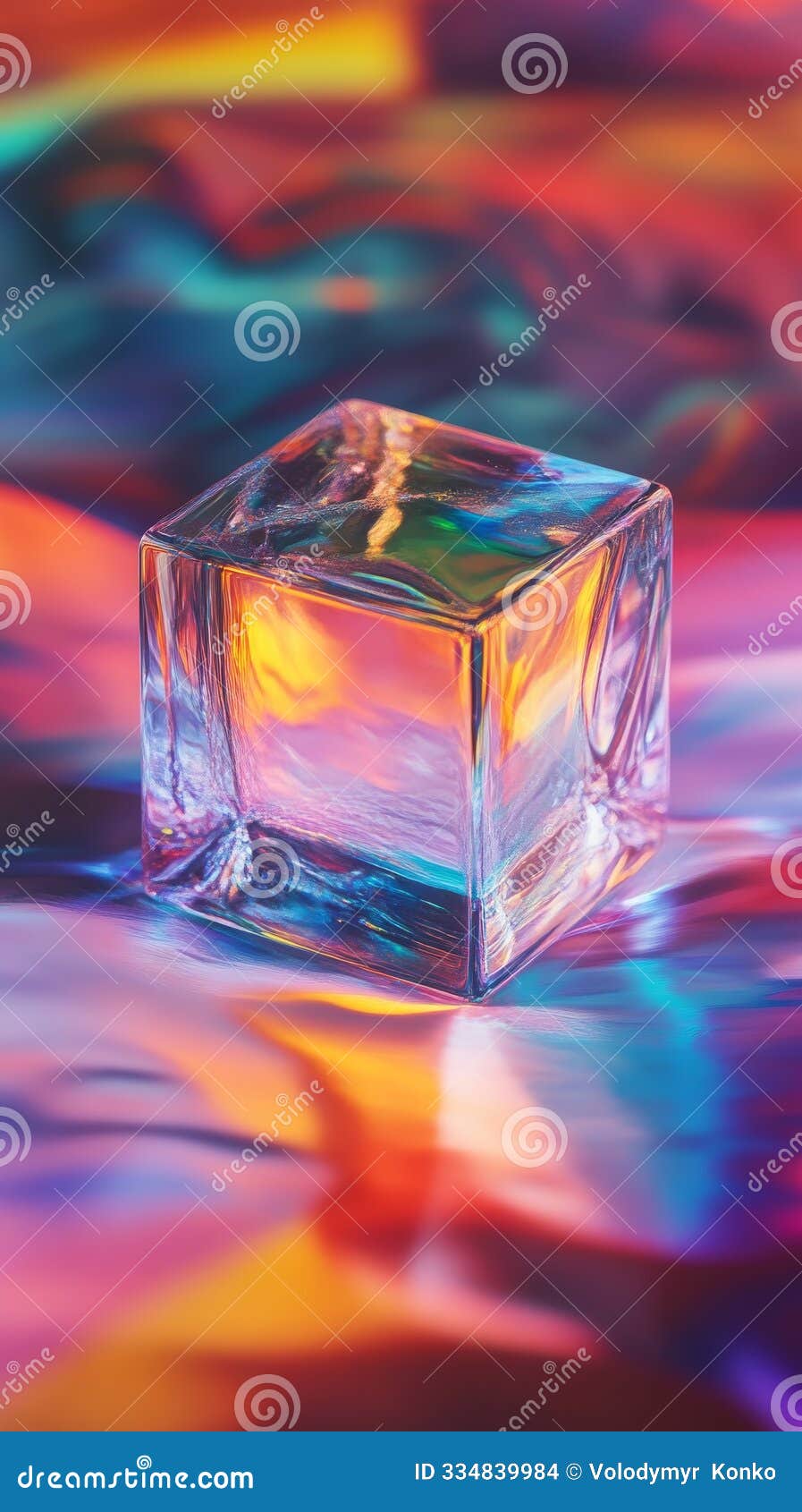 Glass Cube on Colorful Abstract Background, Vibrant Light Reflections ...