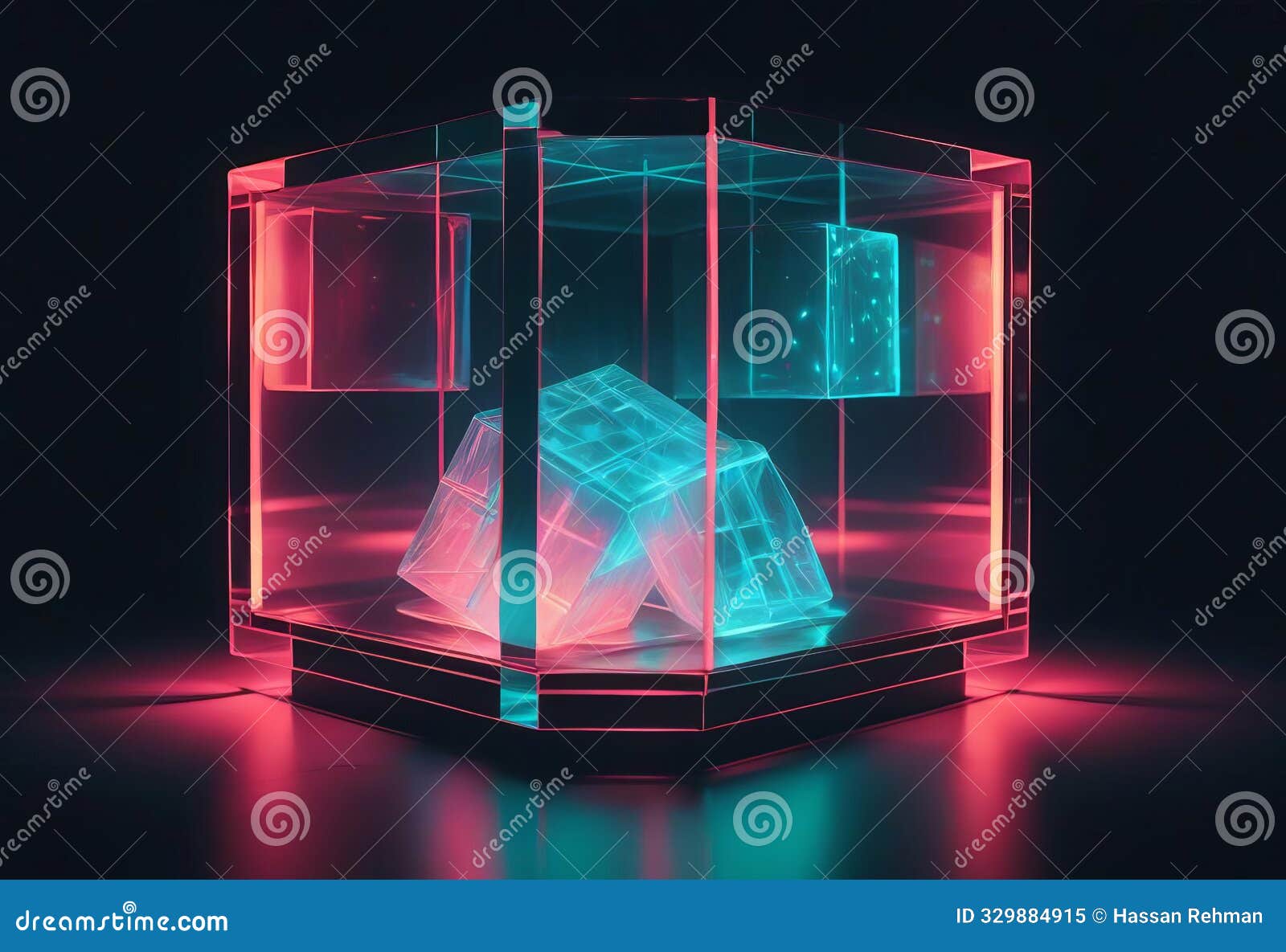 Glass Cube with Glowing Lights in Dark Stock Illustration ...