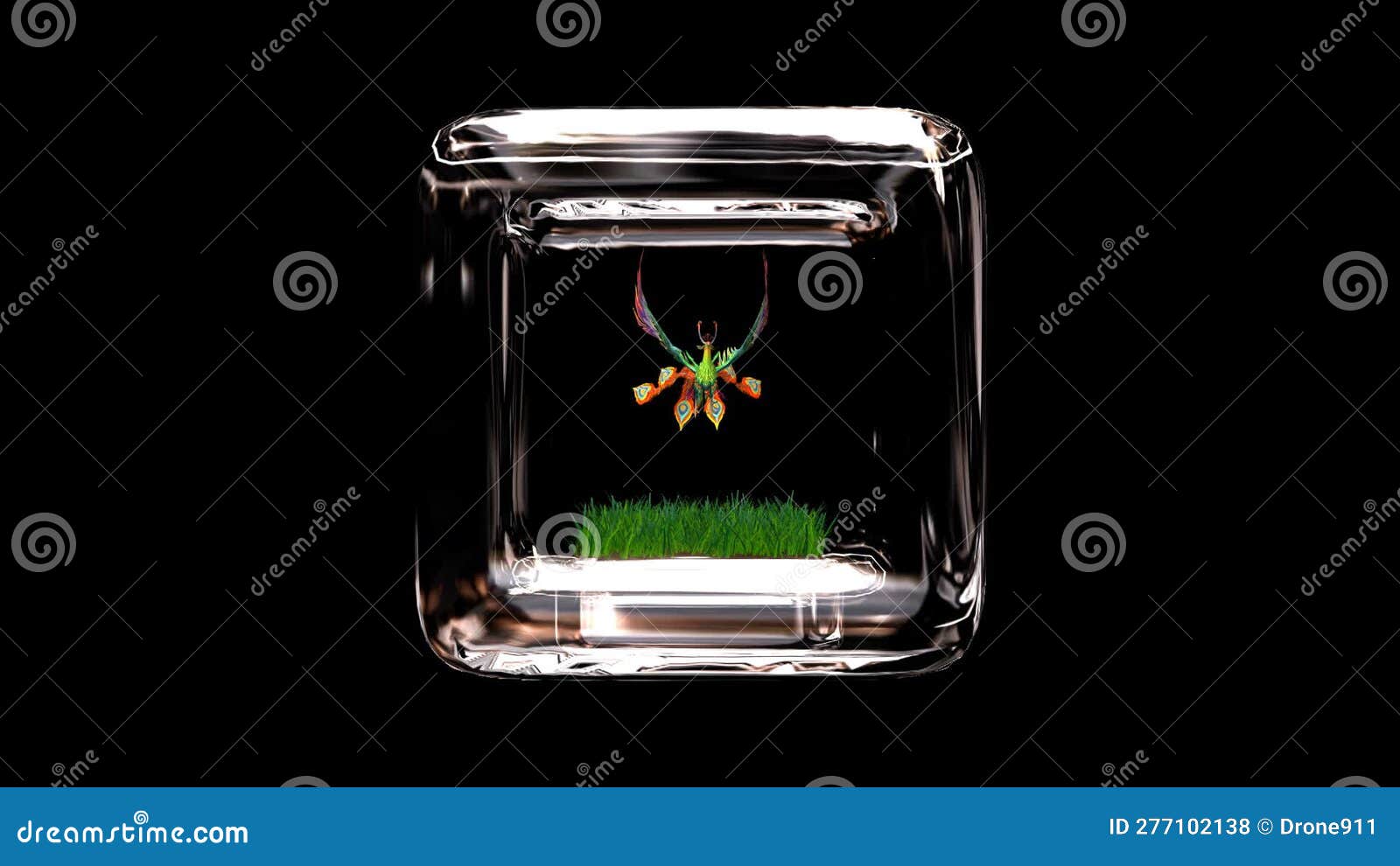 Animated Flying Phoenix Bird and Glass Cube in Full Rotation, Alpha ...