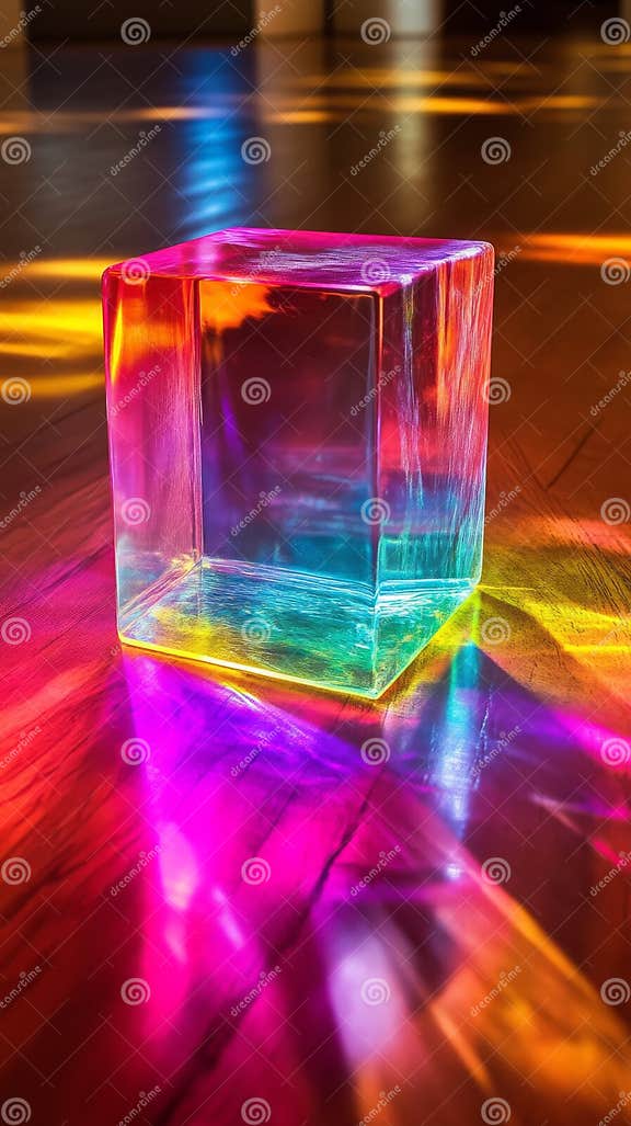 Glass Cube with Rainbow Light Reflections on Wooden Surface Stock Photo ...