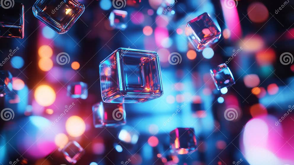 Glass Cubes Floating in Neon Lights Stock Illustration - Illustration ...