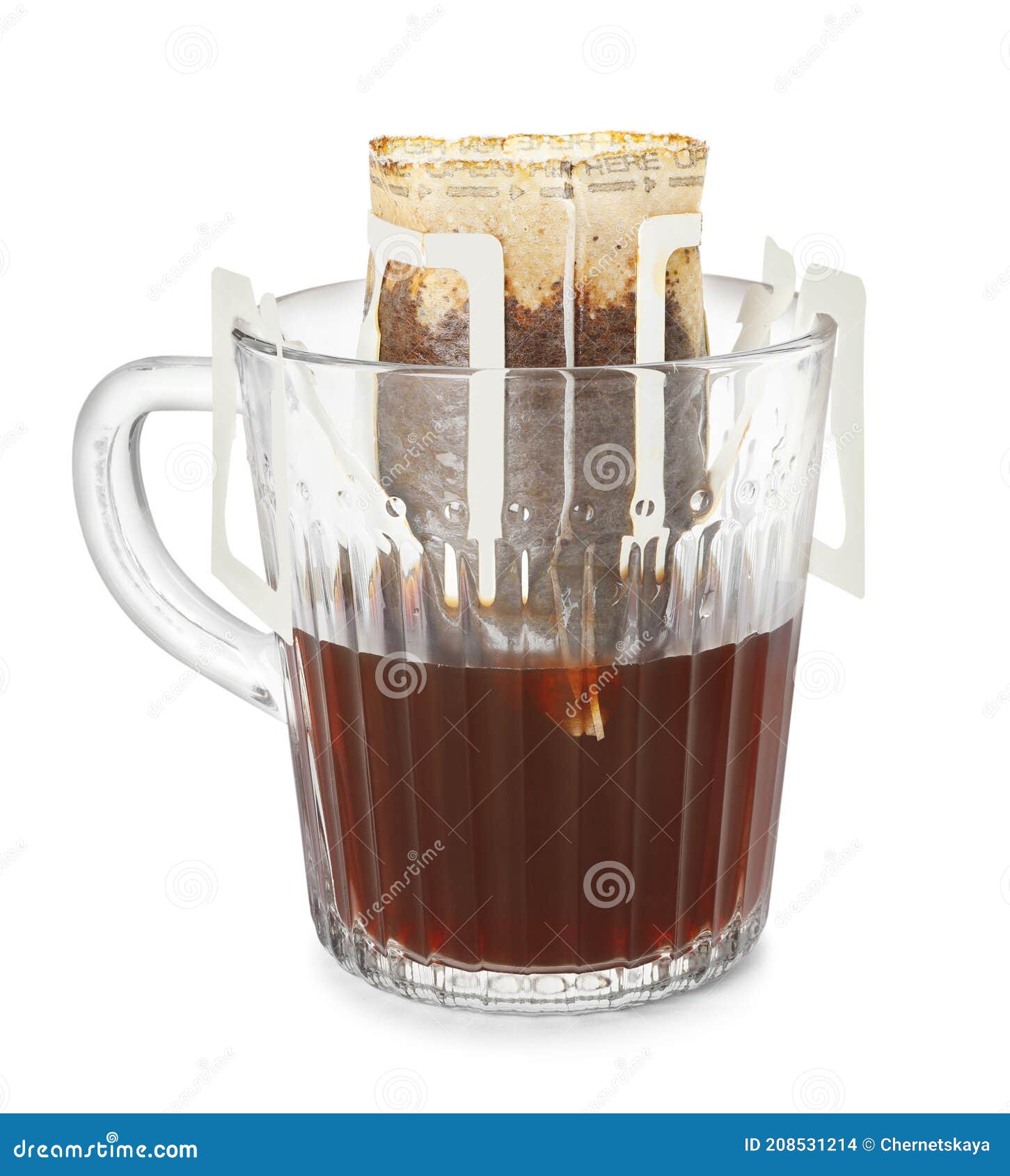 Glass Cup with Drip Coffee Bag Isolated on White Stock Photo - Image of ...