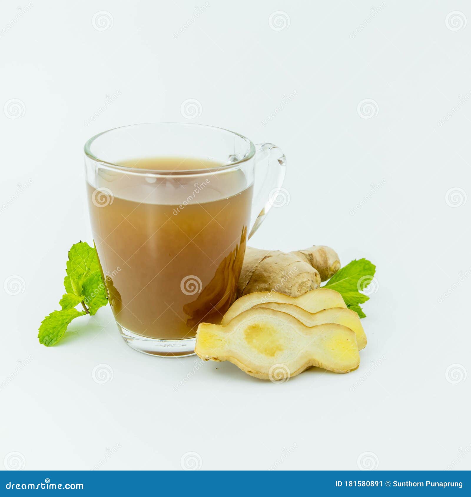 Glass Cup of Hot Ginger Tea with Ginger Rhizome on White Background ...