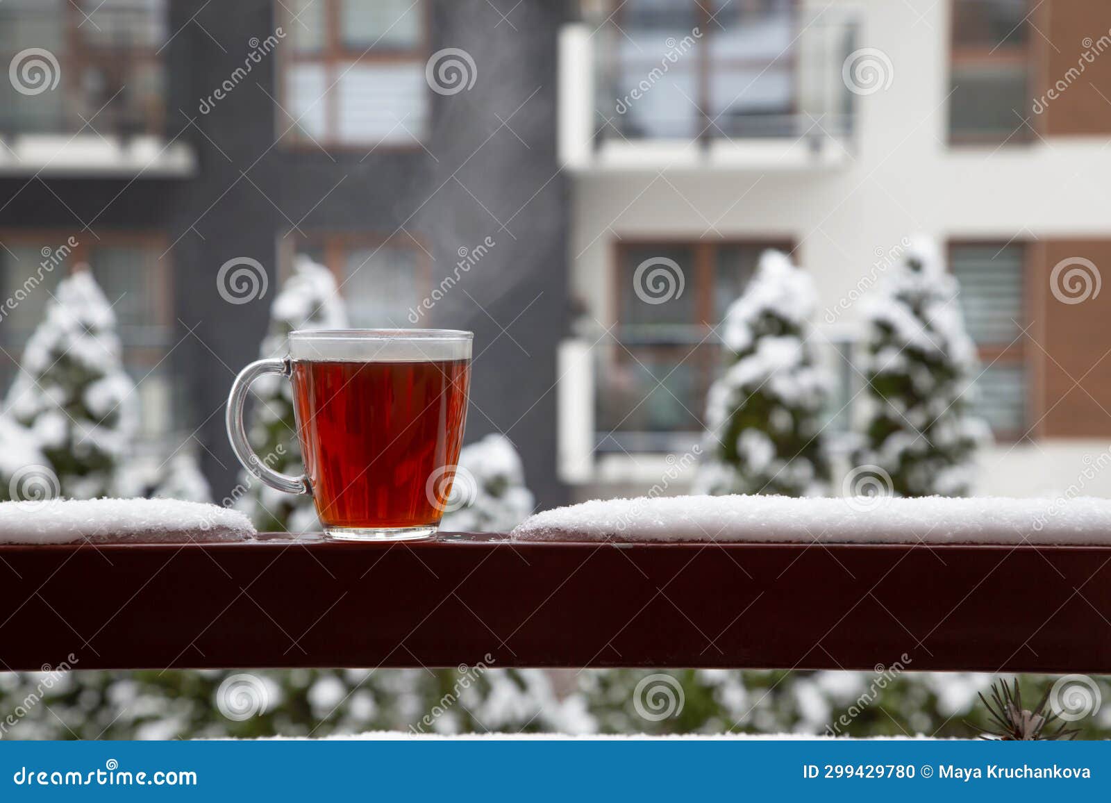 Glass Cup of Tea in Snow on Balcony in Winter Stock Photo - Image of ...