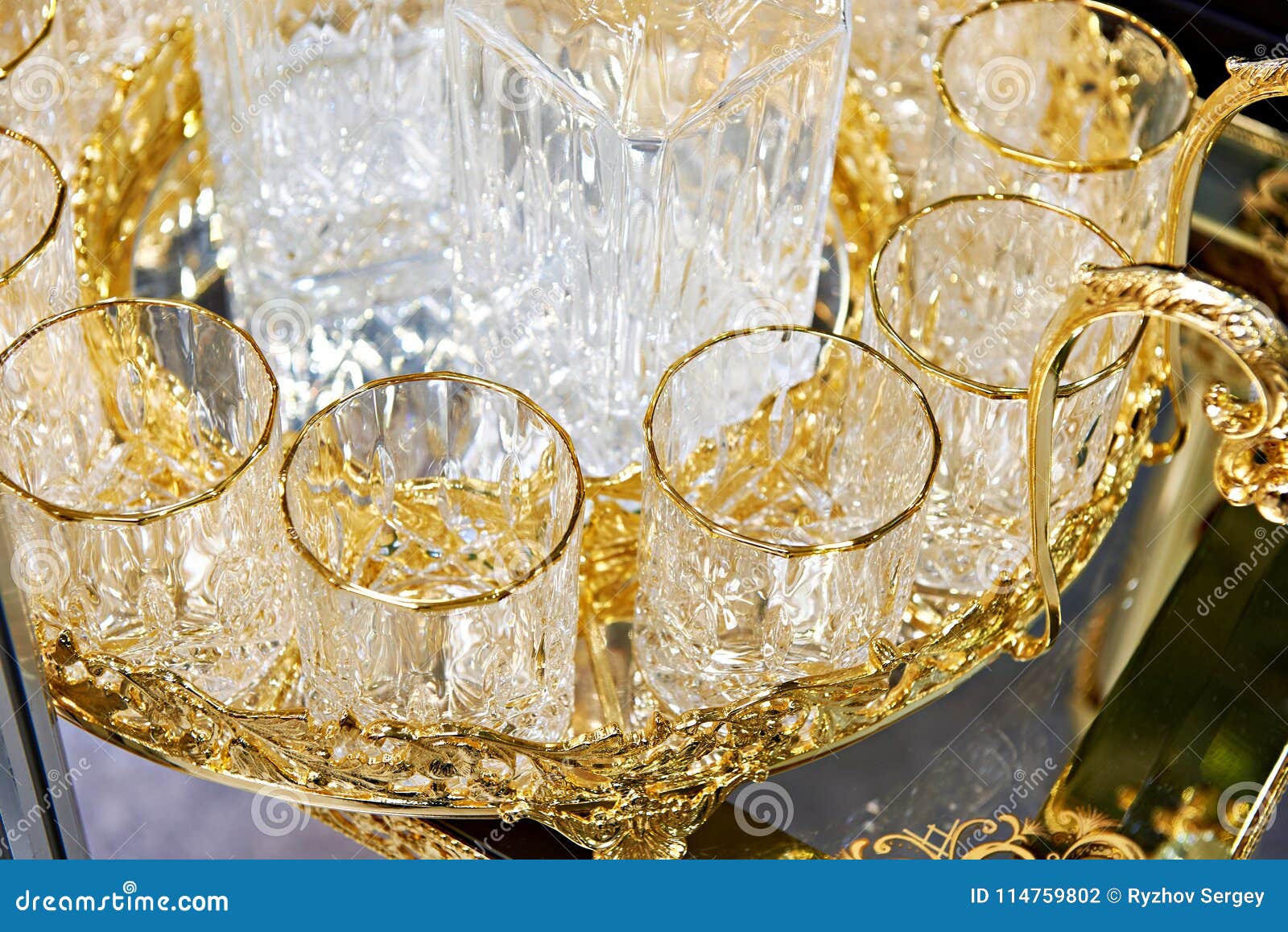 Glass Cups for Drinks with Golden Decor Stock Photo - Image of ...