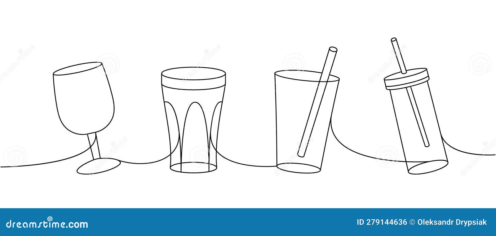 Glass Cups One Line Continuous Drawing. Empty Glass Cups Continuous One ...