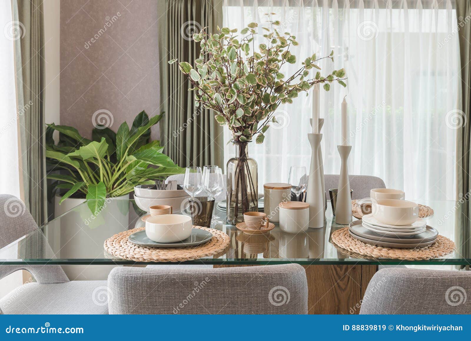 Glass Dining Table with Table Set in Modern Dining Room Stock Image ...