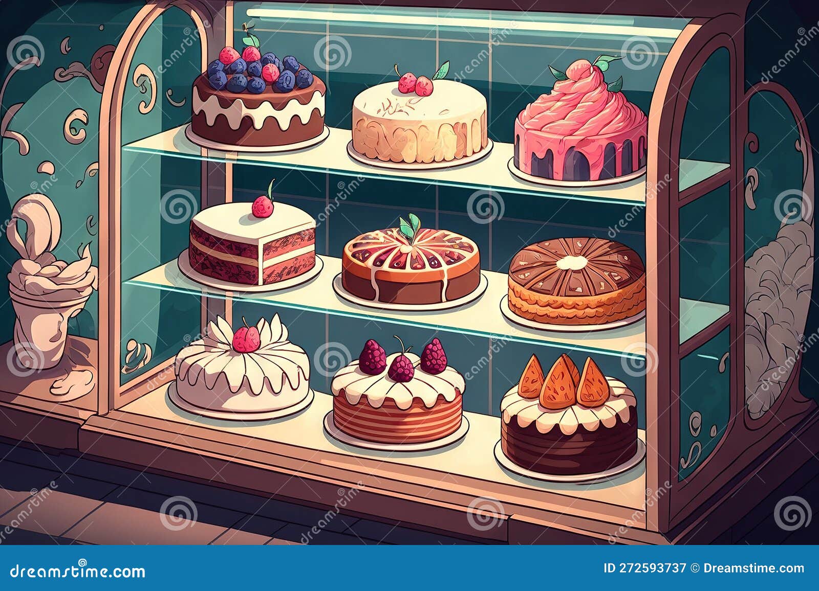 Glass Display at a Bakery Offering Cream or Fruit Cakes Stock ...