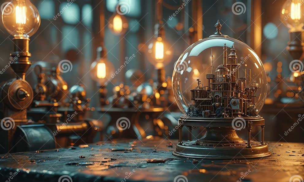 Glass Dome-shaped Object with Miniature Cityscape Sits on Table ...