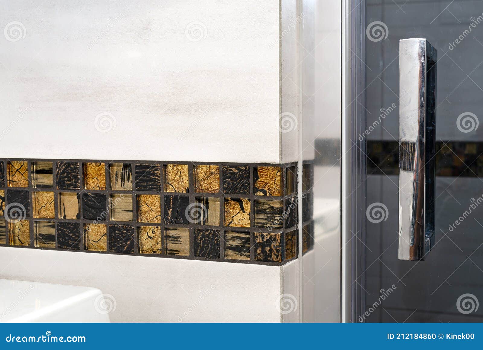 Glass Door with a Chrome Handle in the Bathroom, Which is Lined with ...