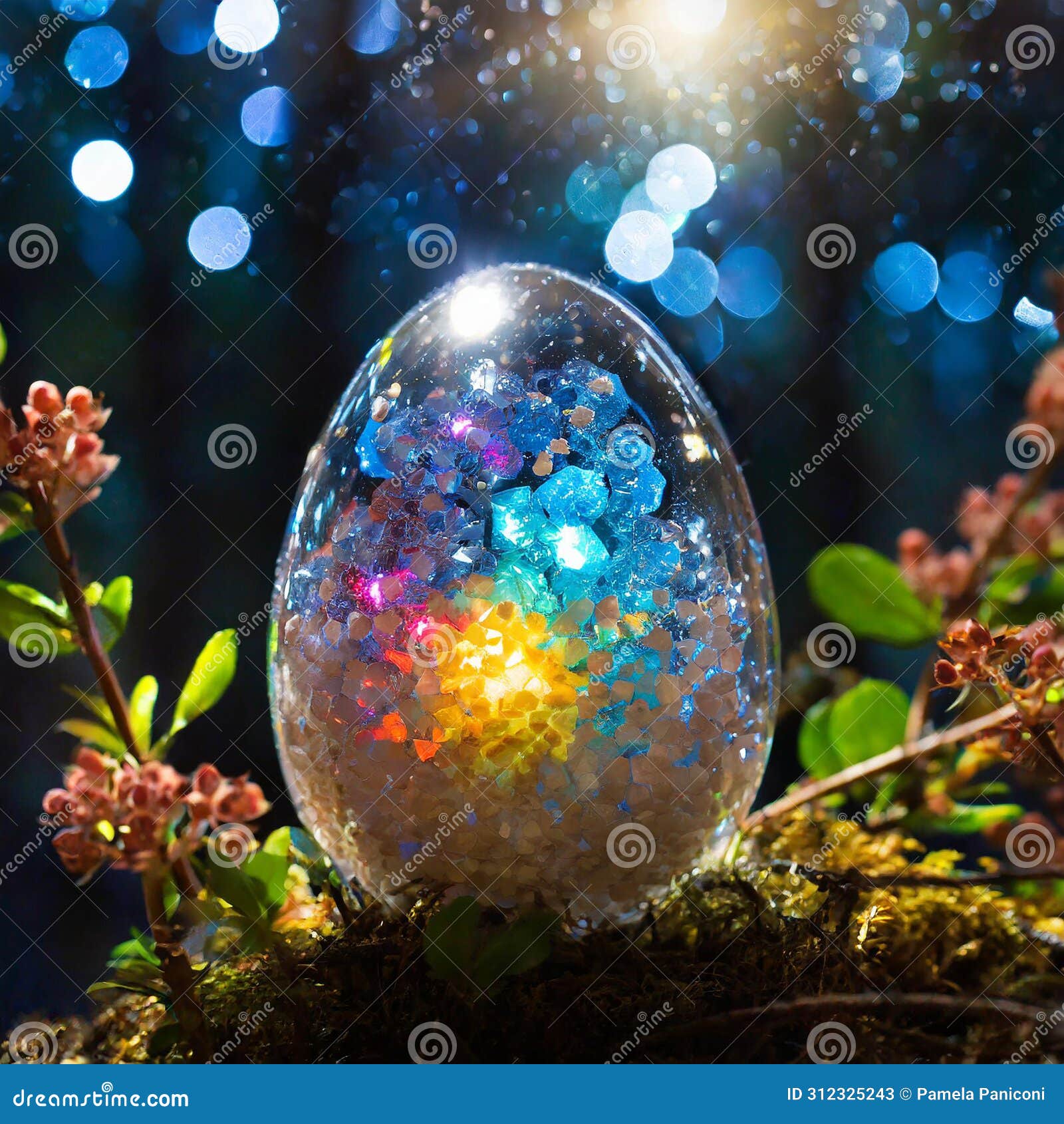 Glass Easter Egg with Bright Flowers Inside. Pink Flowers and Plants in ...