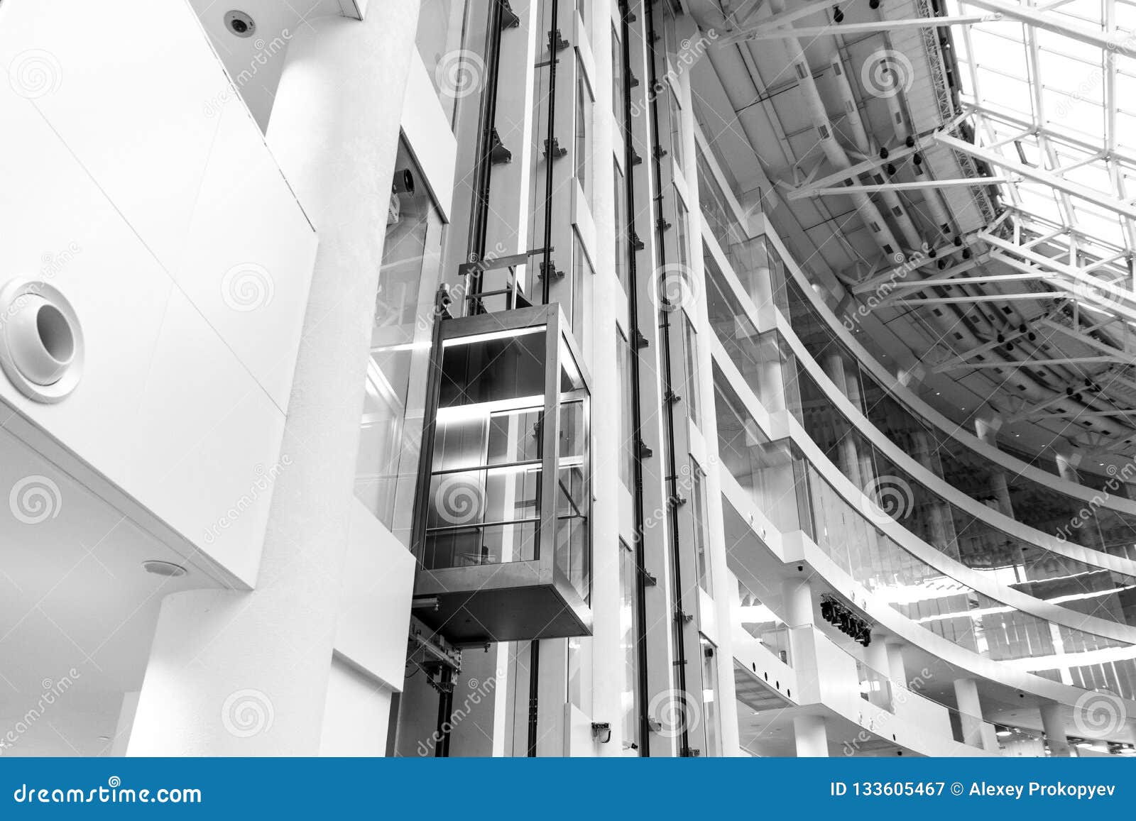 Glass Elevator in Office Building in Black and White Color, Elev Stock ...