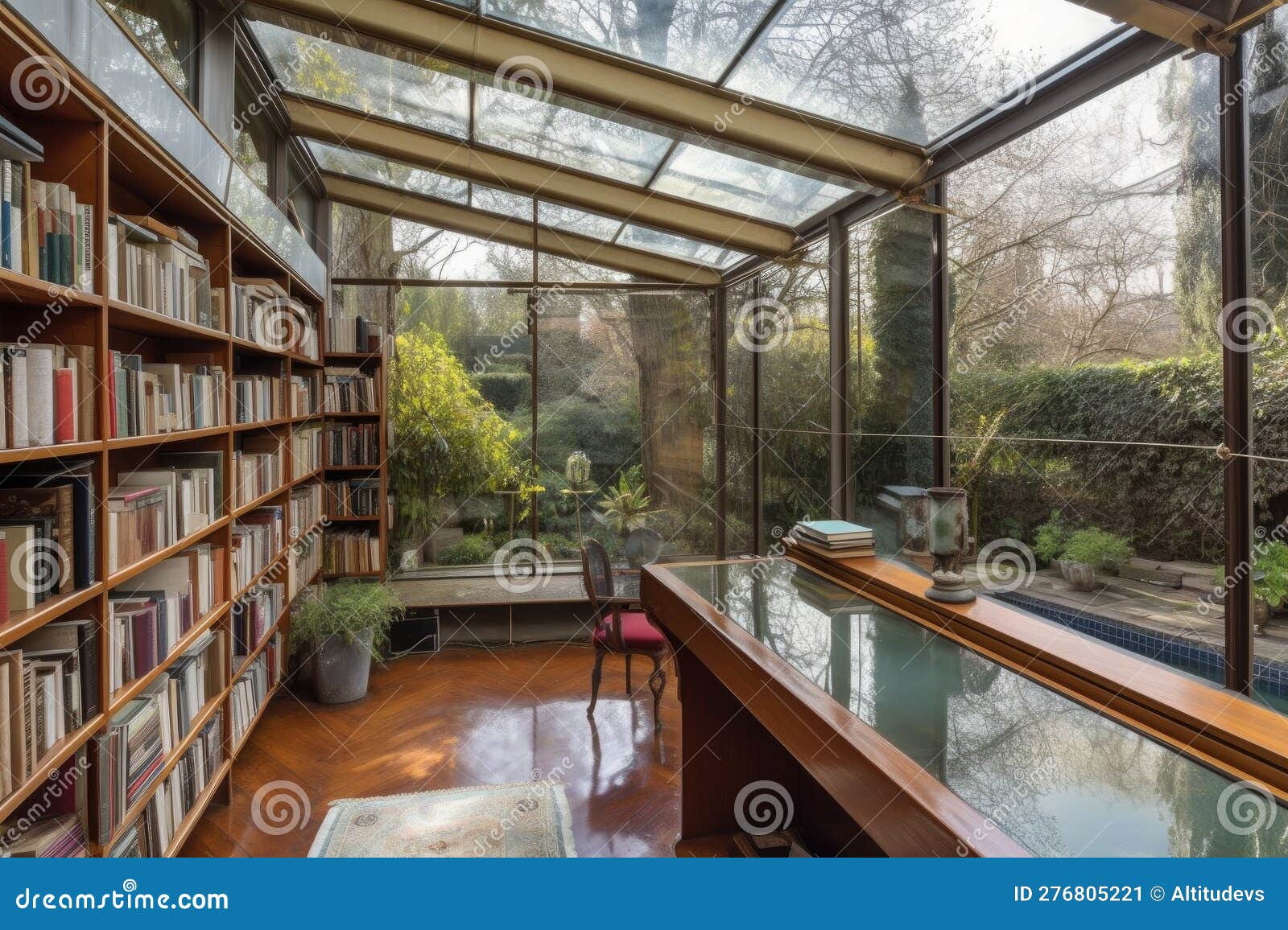 Glass-enclosed Library, with Views of Tranquil Garden and Water ...