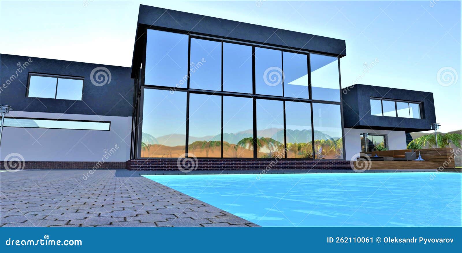 The Glass Facade Of An Elite High-tech Housing With A Swimming Pool ...
