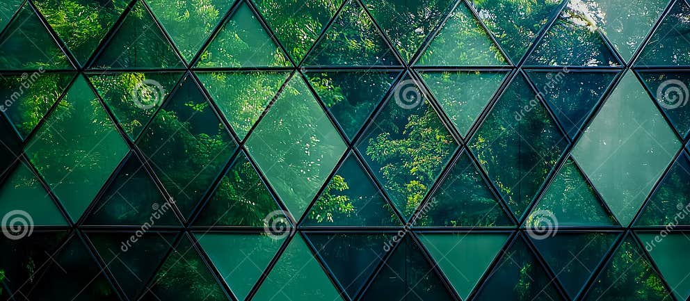 Glass Facade with Geometric Pattern Reflecting Greenery in a Modern ...