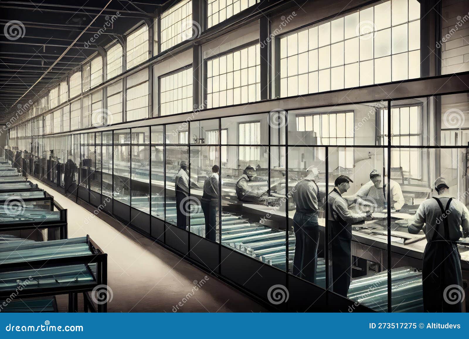 Glass Factory, with Rows of Workers Assembling Glass for Windows and ...