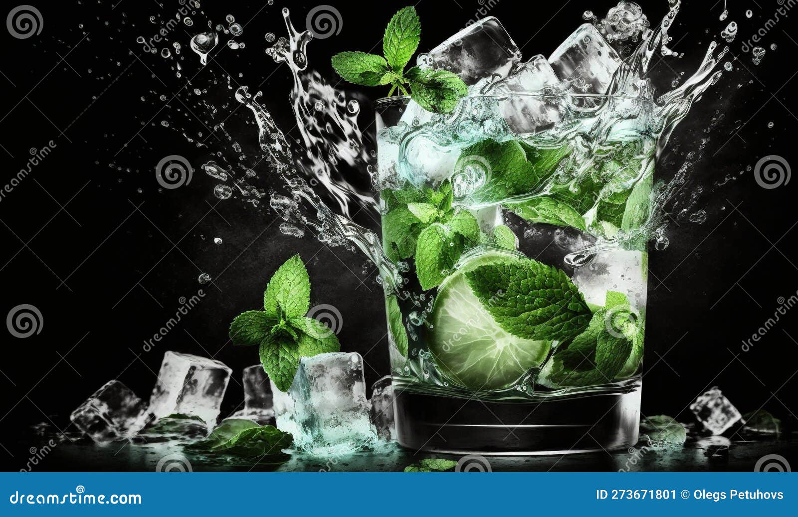A Glass Filled With Ice And Mints On A Black Background Royalty-Free ...