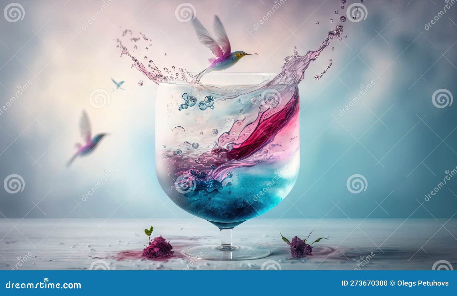 A Glass Filled with Liquid and a Bird Flying Over it Stock Illustration ...