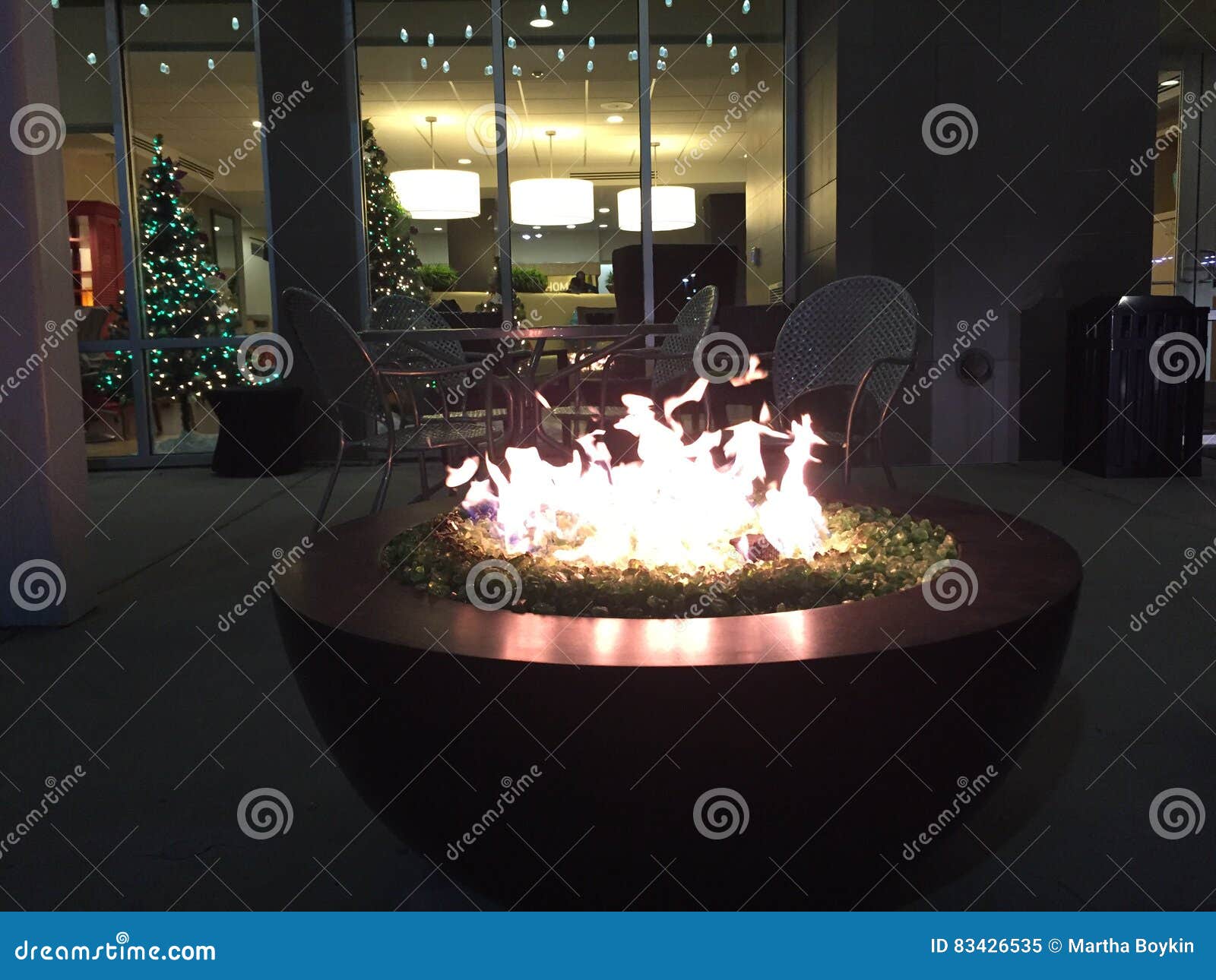 Glass Fire Pit at Christmas at Night Stock Image - Image of evening ...