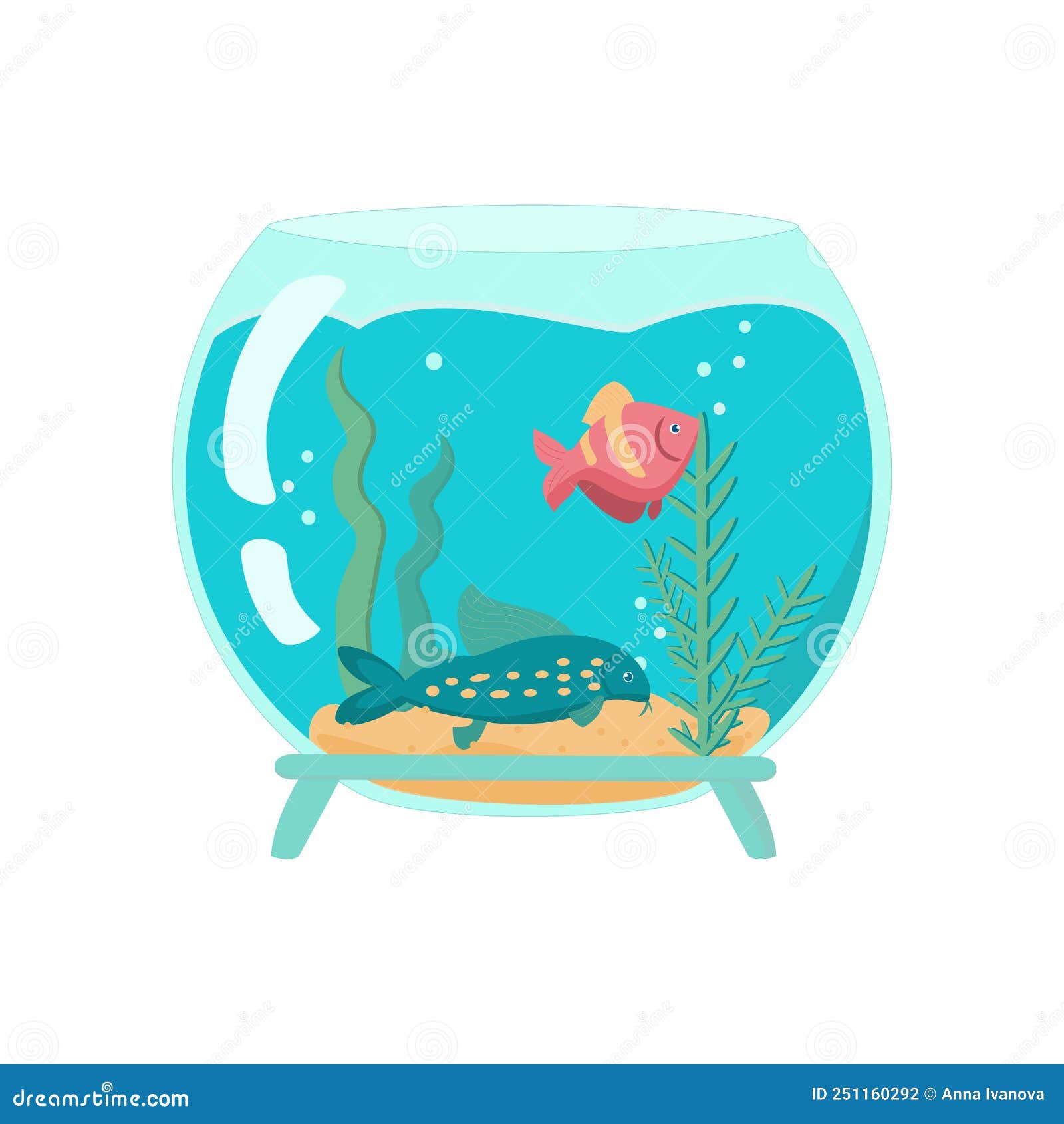 Fishbowl With Catfish And Diskus Cartoon Vector Illustration On White ...