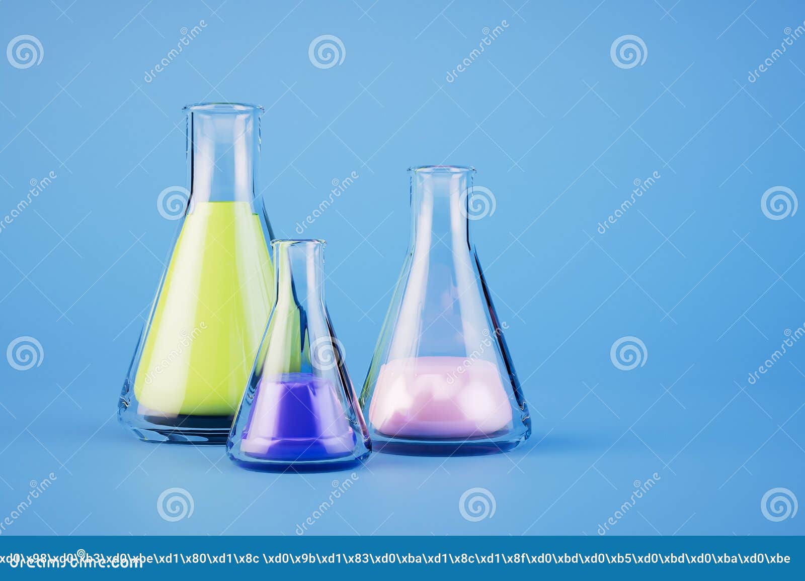 Glass Flasks with Multi-colored Liquids on a Blue Background. 3D Render ...
