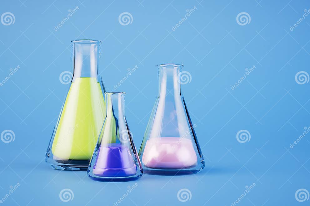 Glass Flasks with Multi-colored Liquids on a Blue Background. 3D Render ...