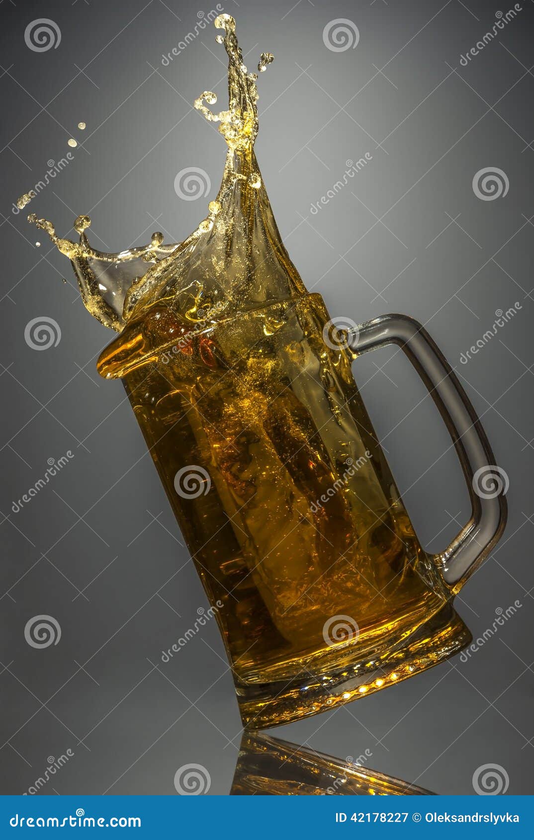 Glass of Fresh Beer Fell on a Reflective Surface Stock Image - Image of ...