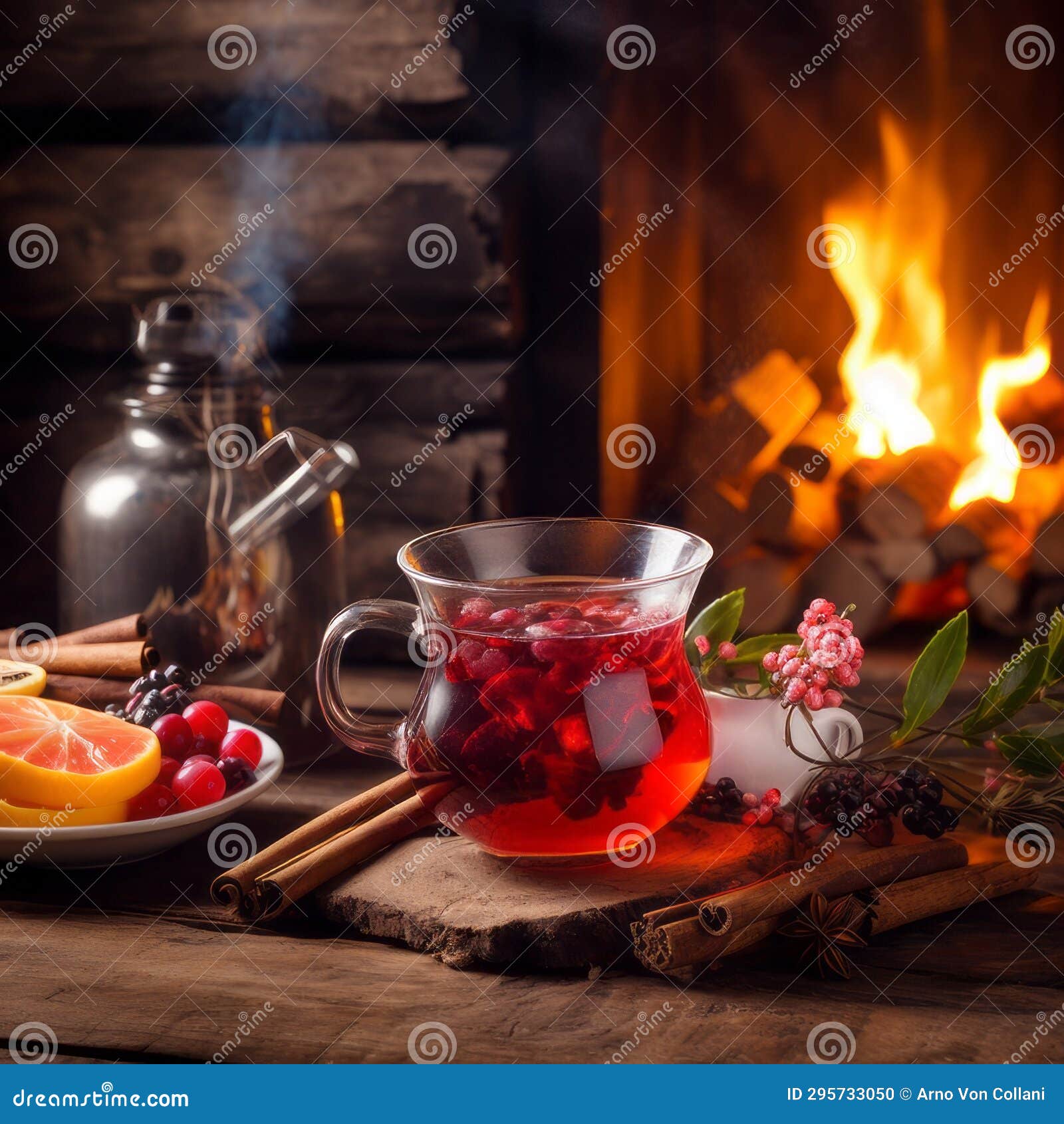 Cozy Winter Evening: Fruit Tea by the Fireside Stock Illustration ...