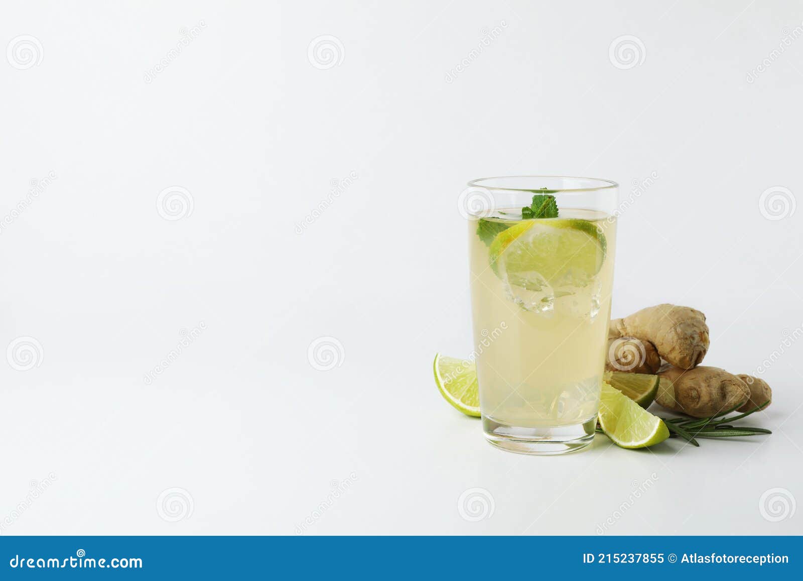 Glass of Ginger Beer and Ingredients on White Background Stock Image ...