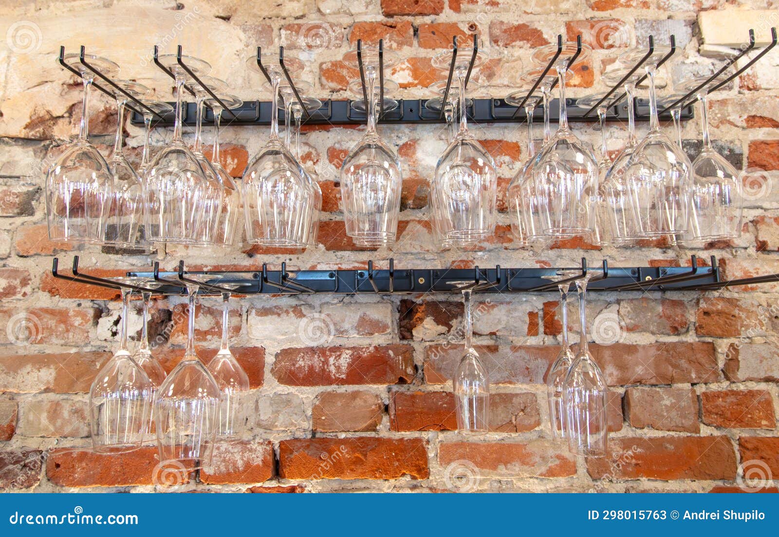 Glass Glasses on a Bar Near a Brick Wall Stock Image - Image of wood ...