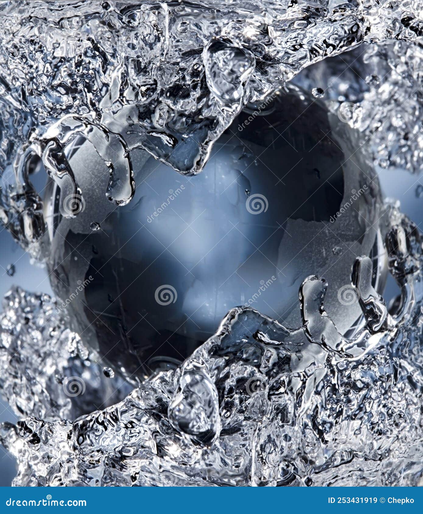 Glass Globe Planet in Drop Water Splash on Blue Background Stock Image ...