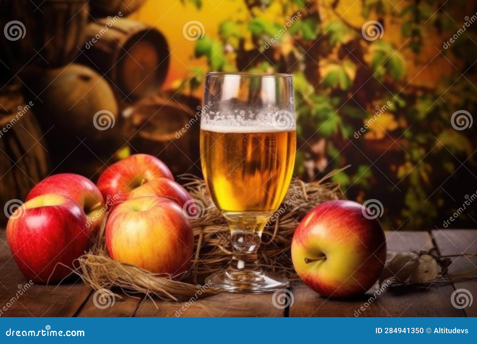 Glass of Golden Apple Cider with Apples in Background Stock Photo ...