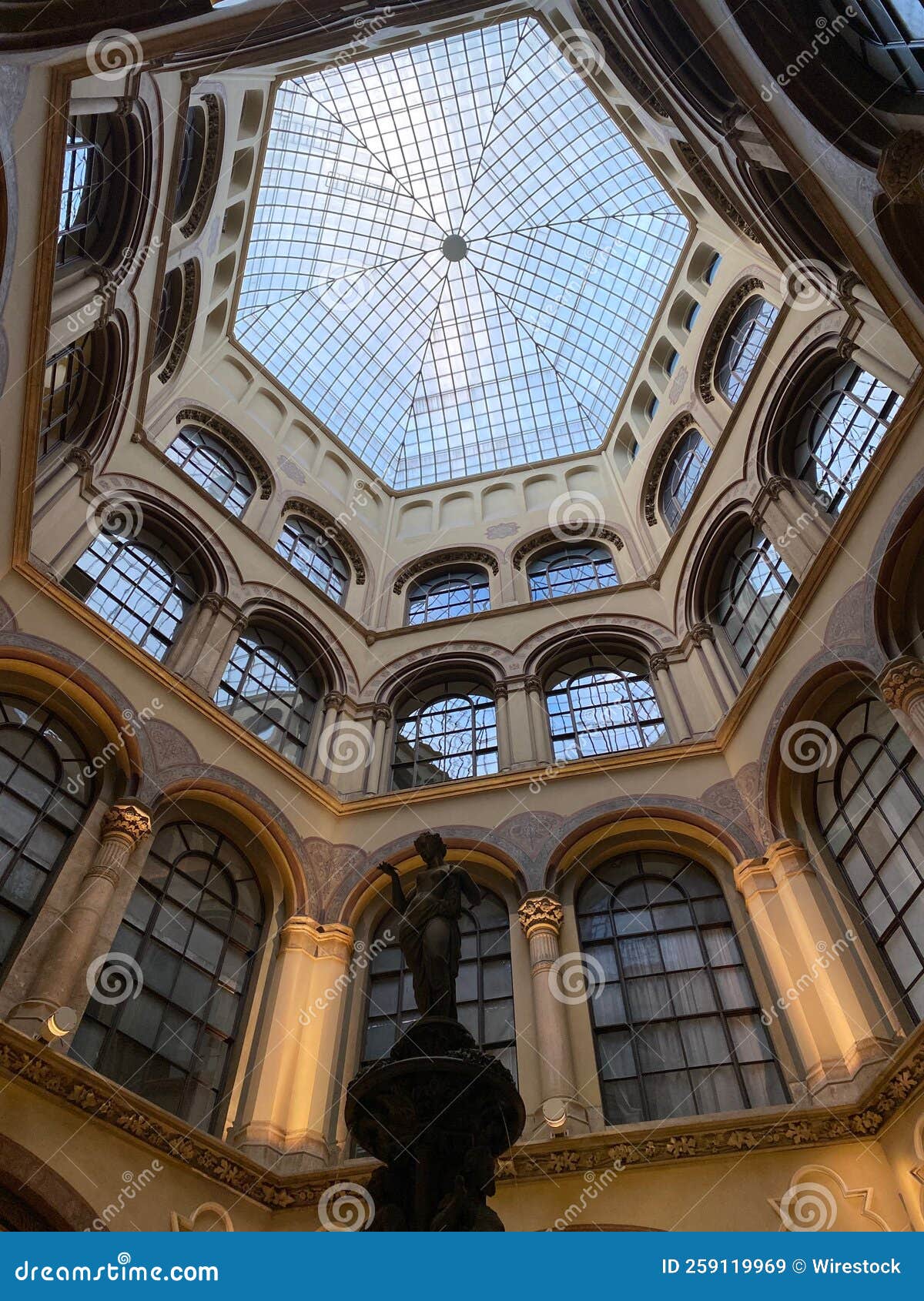 Glass, Hexagon Ceiling of a Historical Building and a Sculpture, Low ...