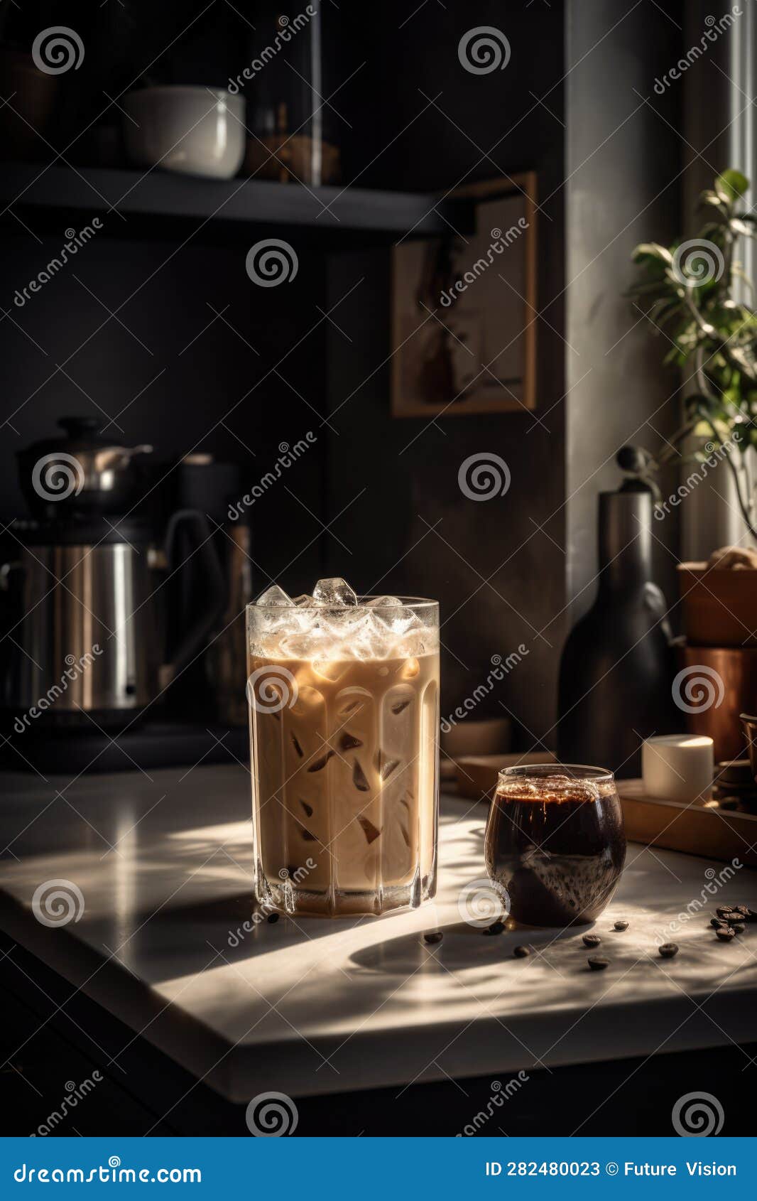 Glass of Iced Cafe Latte on Counter in Sun, Created Using Generative Ai ...