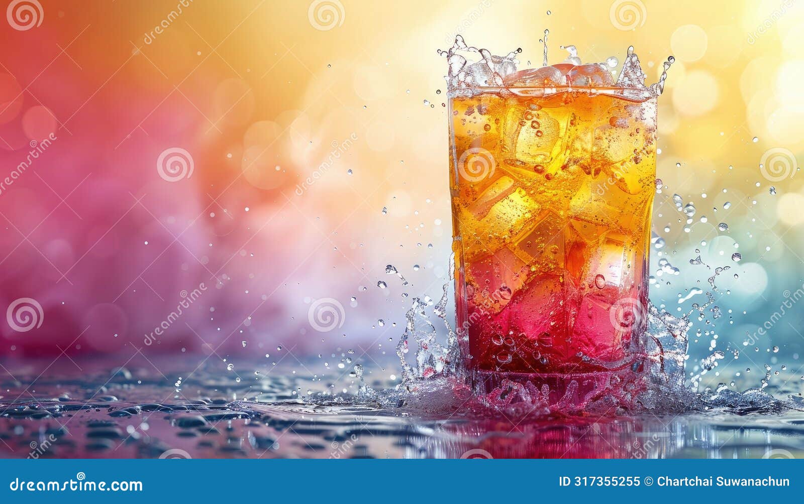 A Glass of Iced Tea with Ice Cubes in it is Splashing Water on a Table ...