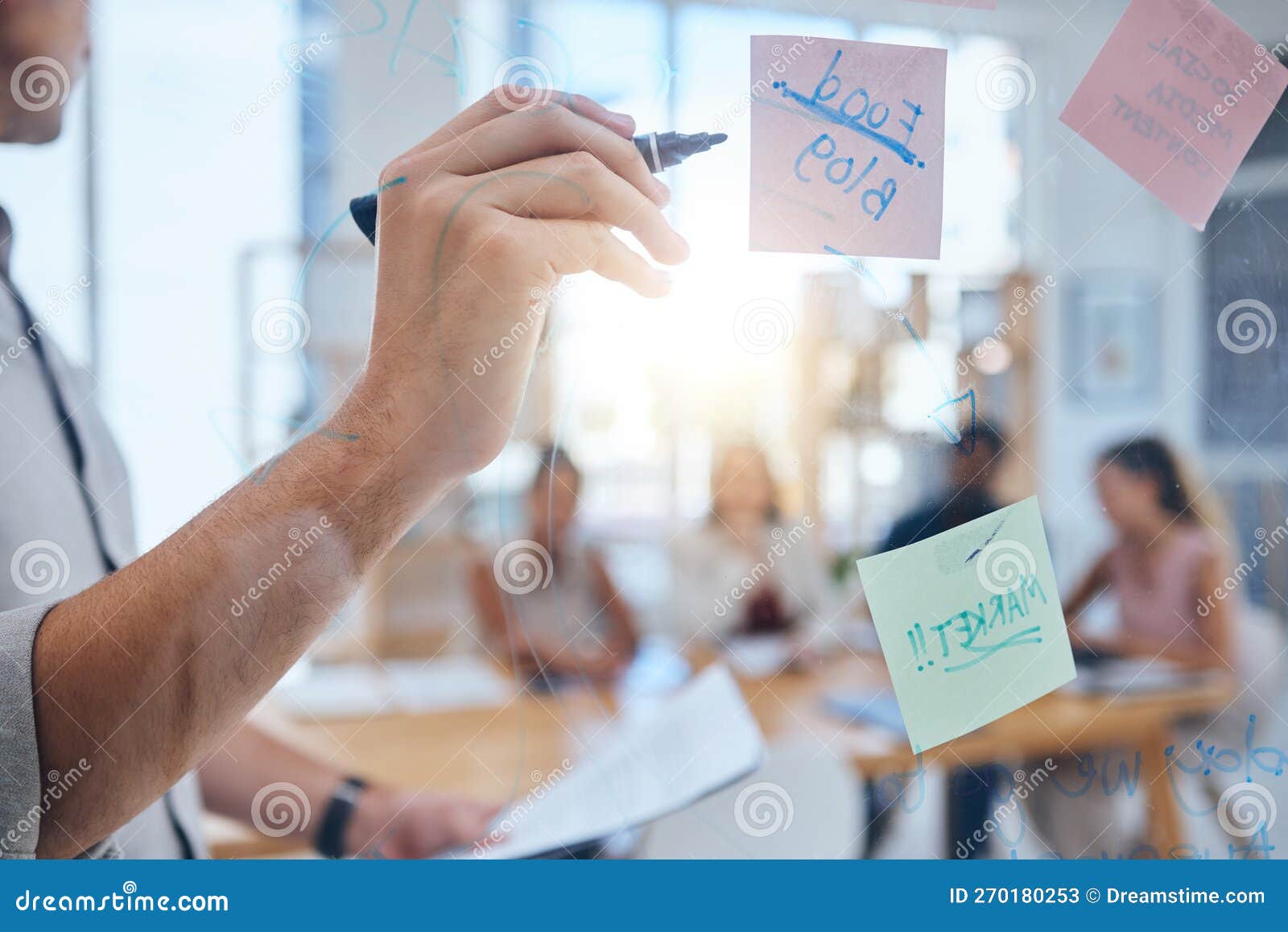 Glass, Idea and Sticky Note Wall for Brainstorming Business Development ...