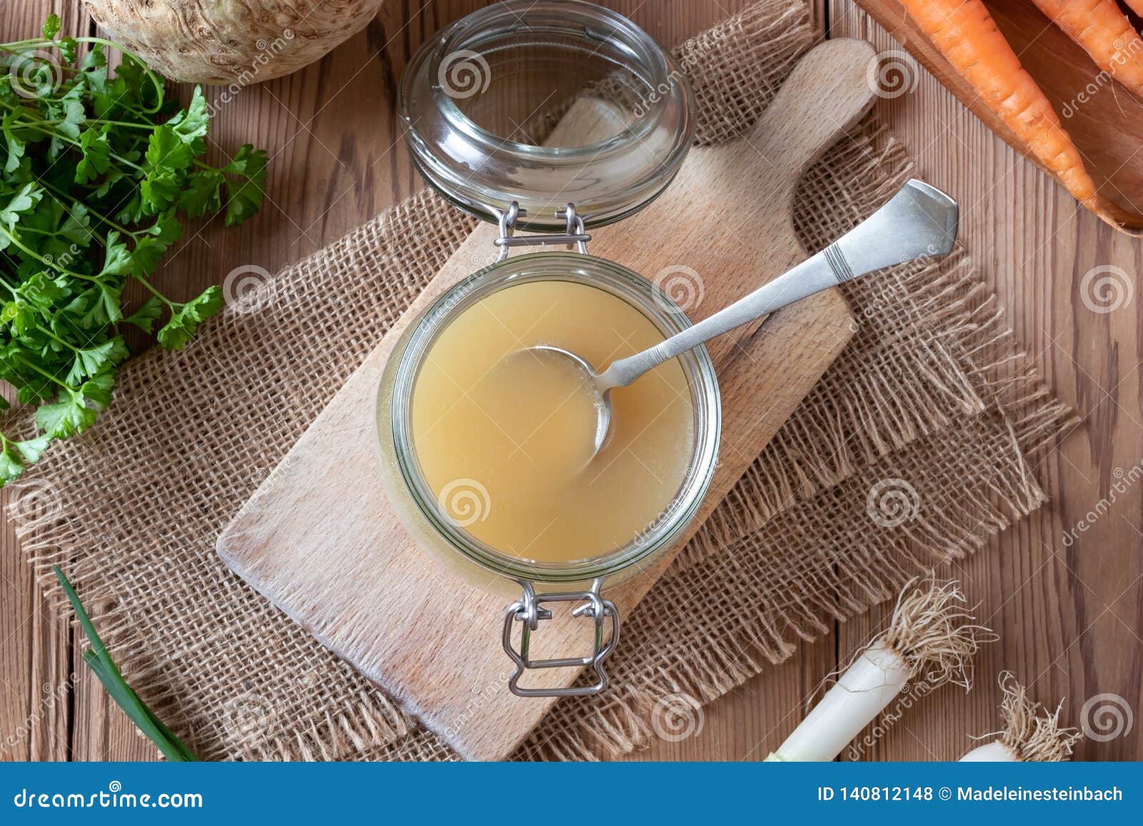 Glass Jar with Bone Broth, Top View Stock Photo - Image of paleo, green ...