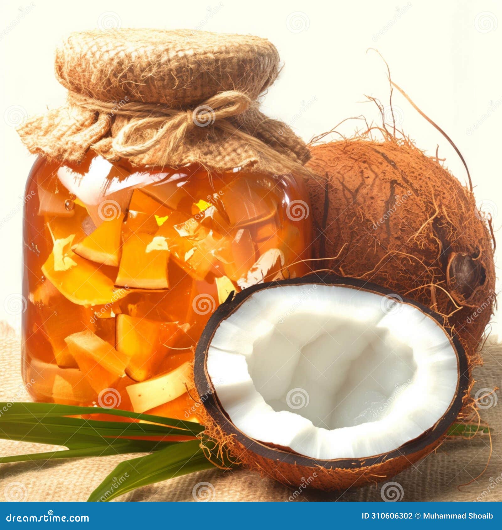 Glass Jar of Coconut Jam Preserves with Fresh Coconut, Backdrop Stock ...