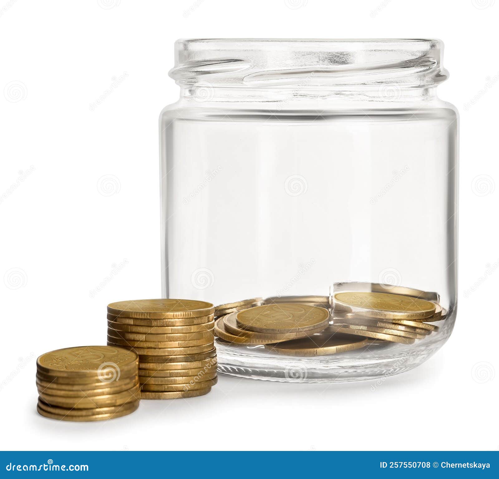 Glass Jar and Coins Isolated on White Stock Photo - Image of cash ...