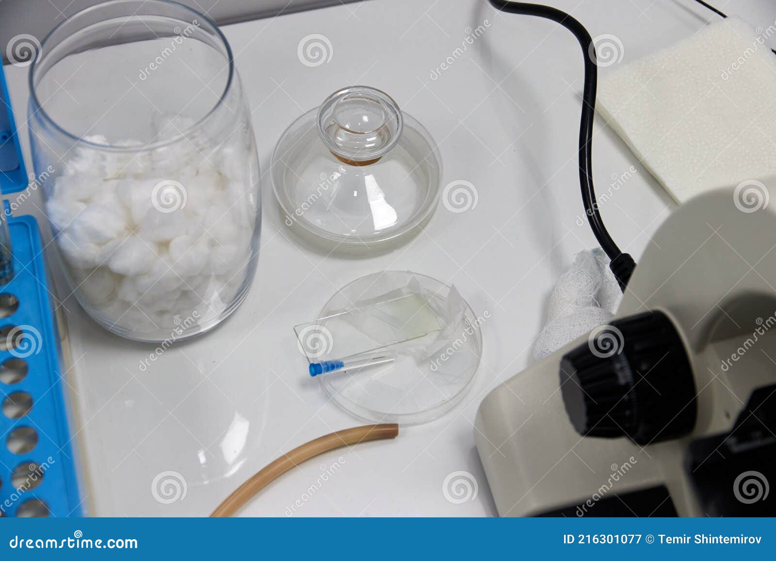 Glass Jar with Disinfectant Material, Petri Dish and Microscope Stock ...